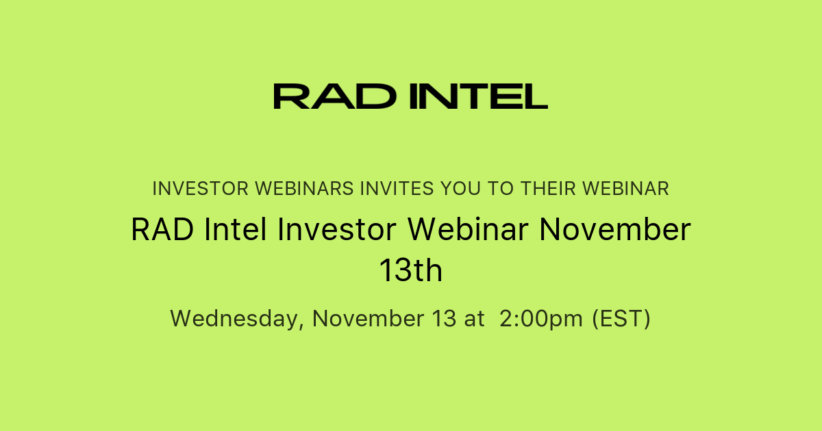 RAD Intel Investor Webinar November 13th | Investor Webinars